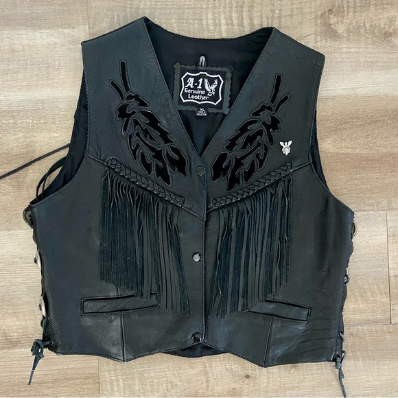 A-1 | Jackets & Coats | Vintage A Black Leather Fringe Motor Vest W Pin ...